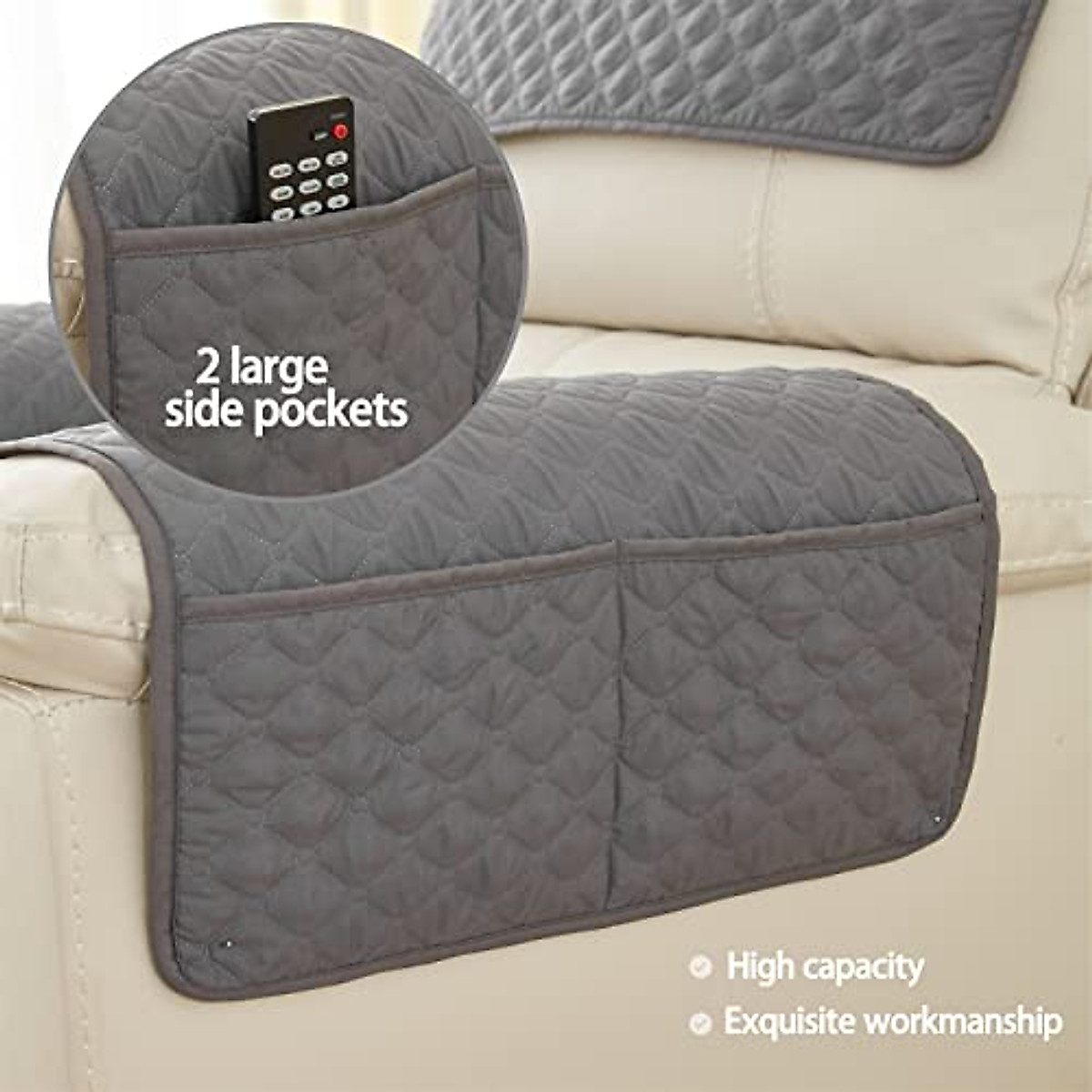 EXTLEZSA Sofa Armrest Cover, Headrest Cover for Recliner Chair Arm Cover,Armchair Slipcover Nonslip Quilted Furniture Protector for Pets Leather Sofa Couch (Dark Gray,1 Person (Set of 3))