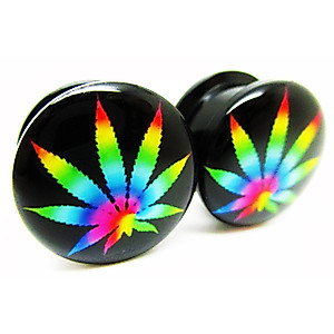 Pierced Republic Tie-Dye Pot Leaf Marijuana Ear Plugs - Acrylic Screw-On - New - 8 Sizes - Pair (0 Gauge (8mm))