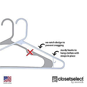 60 Pack White Plastic Hangers Made in USA with Bar Hooks, for All Clothing Types, Closet Organizer, 60 Pk Lightweight Standard Tubular Hanger Notch Less for Organizing