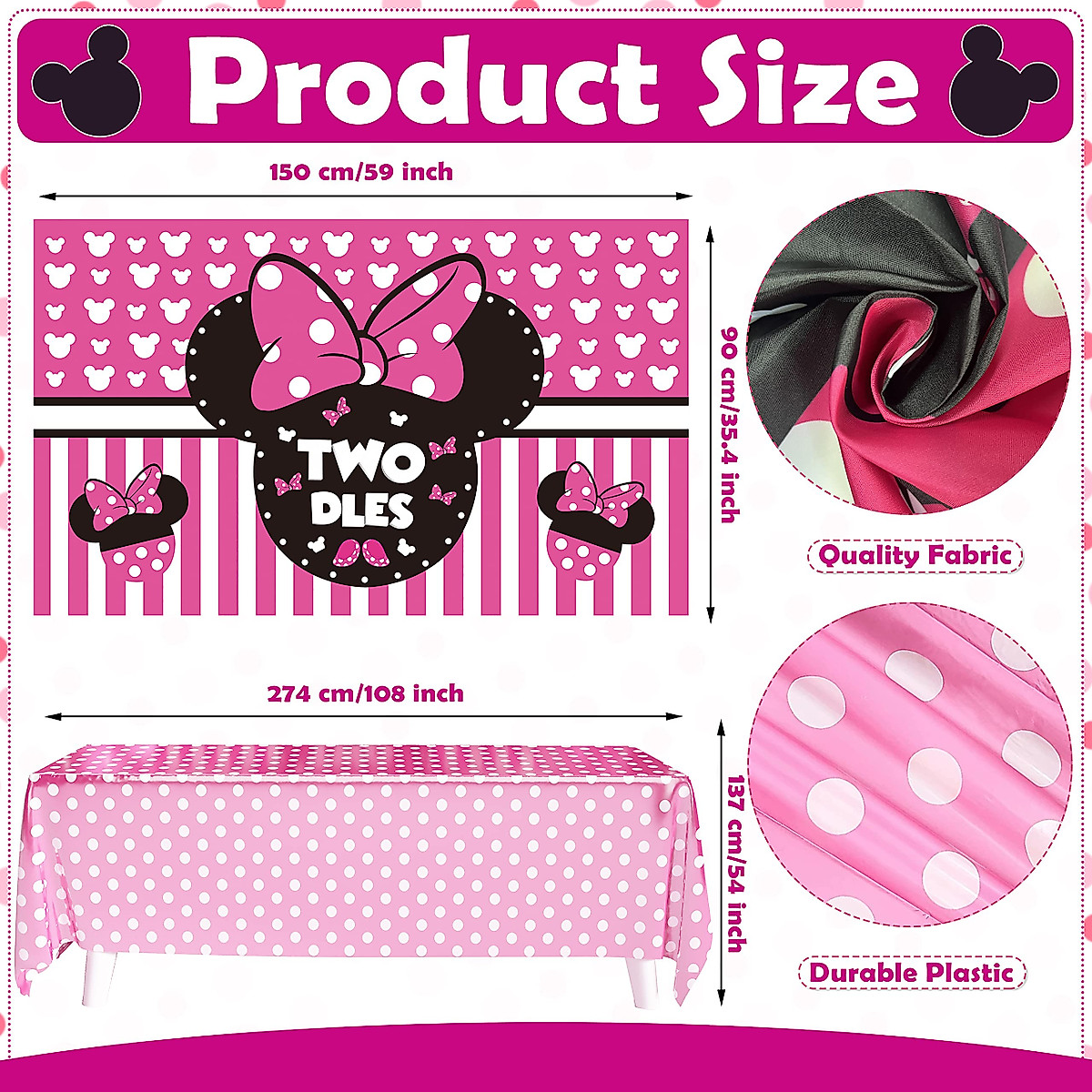 Minnie Mouse Birthday Party Supplies Twodles 2nd Two Pink Mouse Party Decorations For Girl Baby Shower Pack (112 Pcs Including Backdrop, Tablecloth, Headband, Balloons Garland Arch Kit) (Twodles)