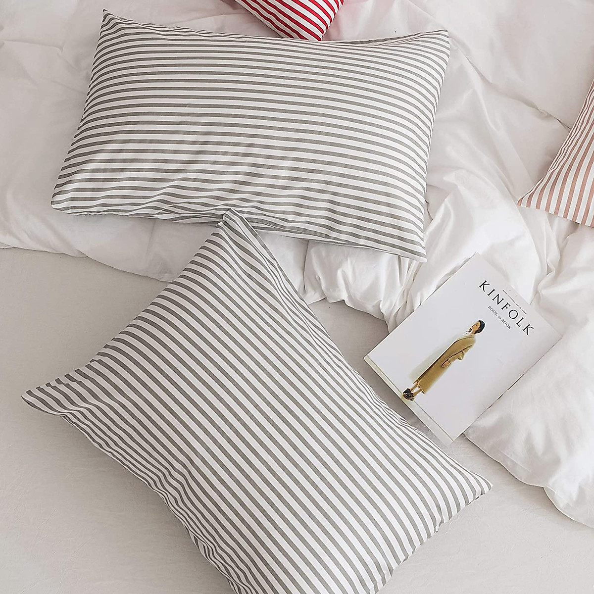 JELLYMONI 100% Natural Cotton Striped Standard Pillowcases Set, 2 Pack White and Grey Stripes Pattern Printed Pillow Covers with Envelope Closure(Pillows are not Included)