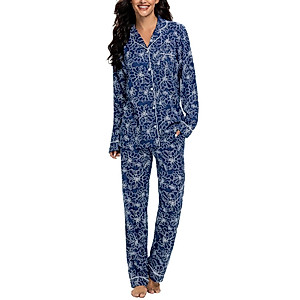 Tugege Pajamas Set Long Sleeve Sleepwear Womens Button Down Nightwear Pj Sets (Deep Blue Peony, XX-Large)