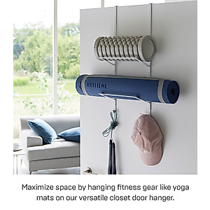 Yamazaki Home Tower Over-The-Door Yoga Mat Storage Hanger - 3-Tier Organizer for Foam Rollers, Backpacks, Hats, Bags - Extra Closet Space Saver - Steel