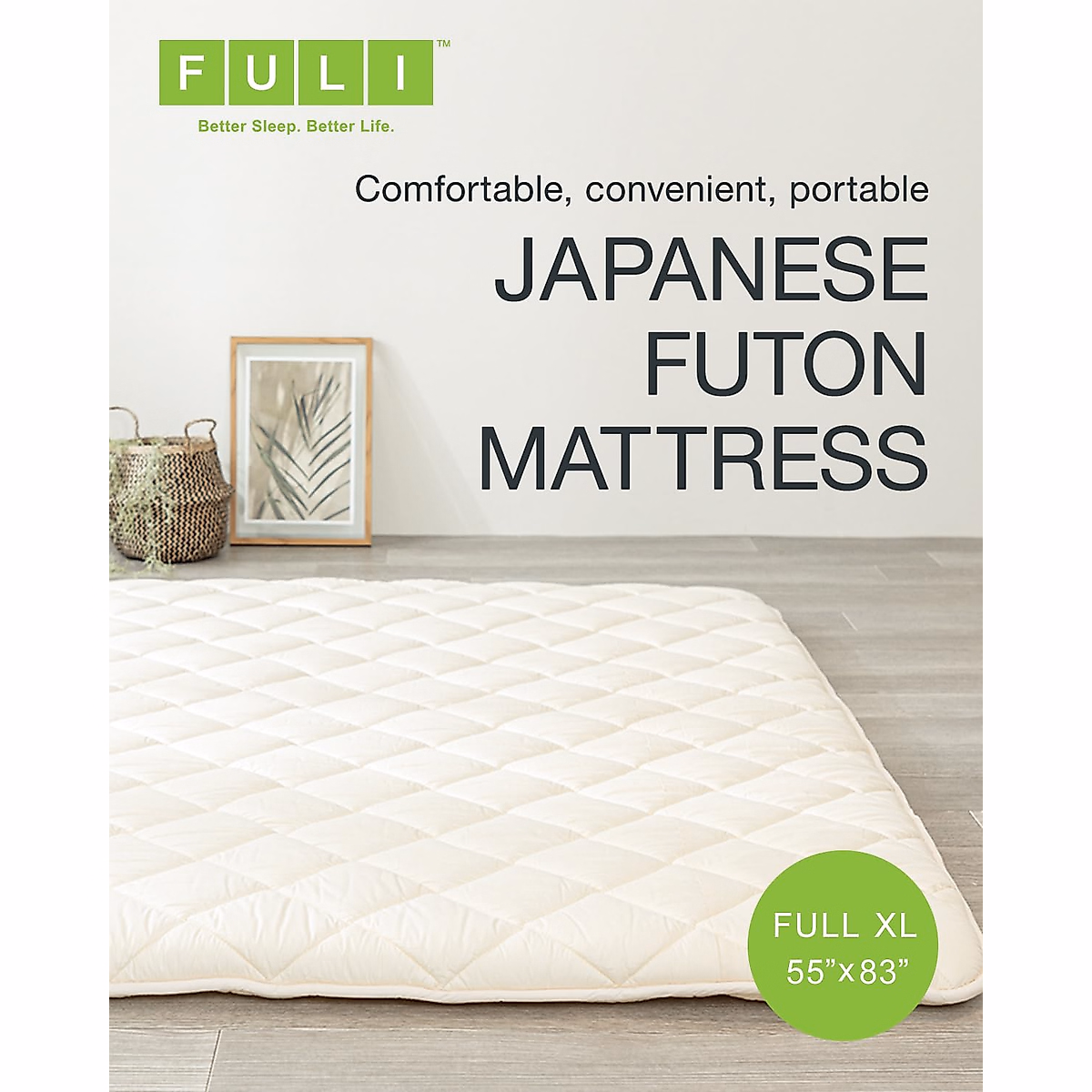 FULI Japanese Futon Mattress, Japanese Floor Mattress, Floor Bed, Tatami Foldable Bed, Roll Up Sleeping Pad, Shikibuton, Made in Japan (White, Full XL)