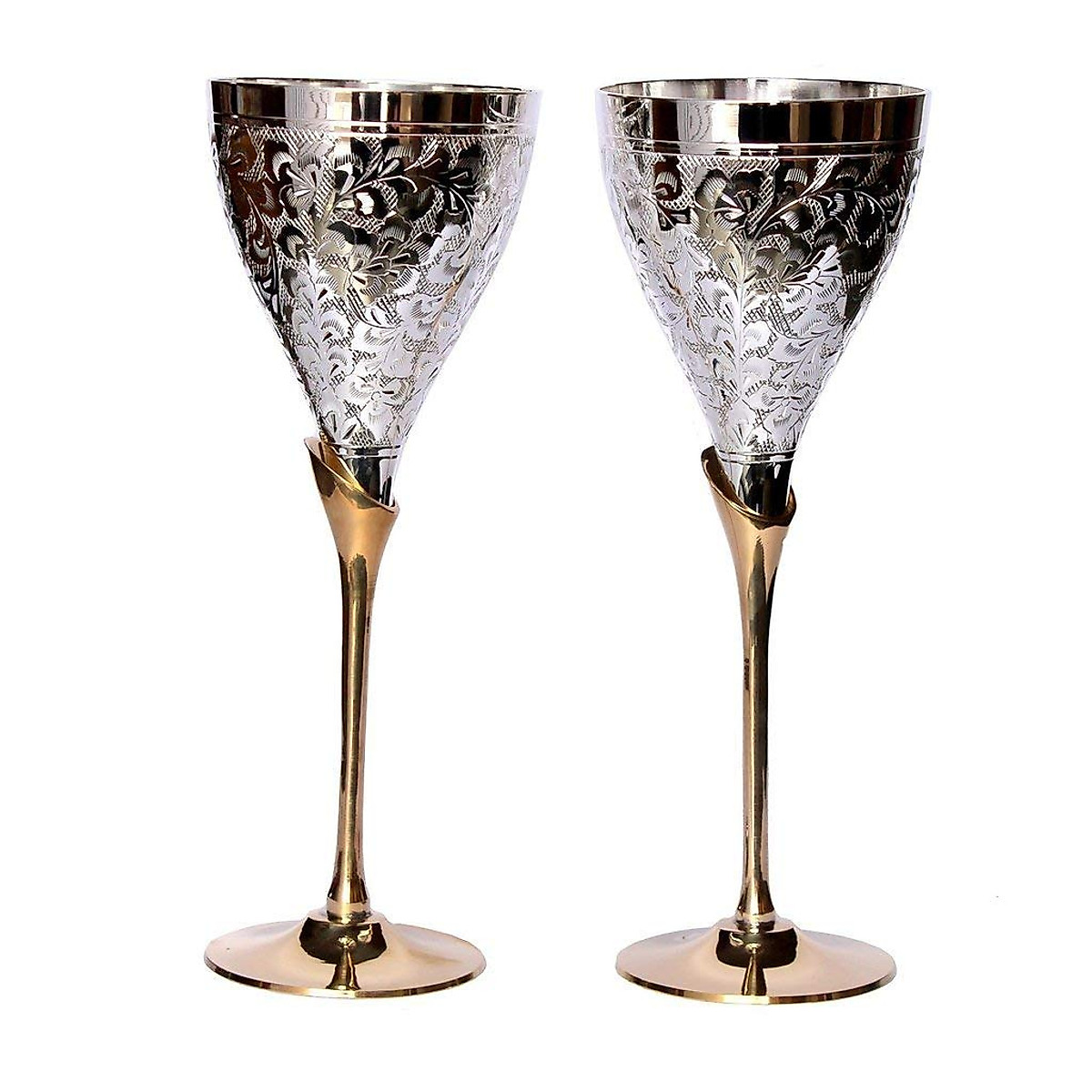 Tuzech Wine Champagne Whisky Glasses - Pure Handmade Silver Plated Engraved Premium Goblet | Champagne Flutes Coupes | Party Glass Dining Set Cutlery, Business Gift – (10 OZ 2 piece)