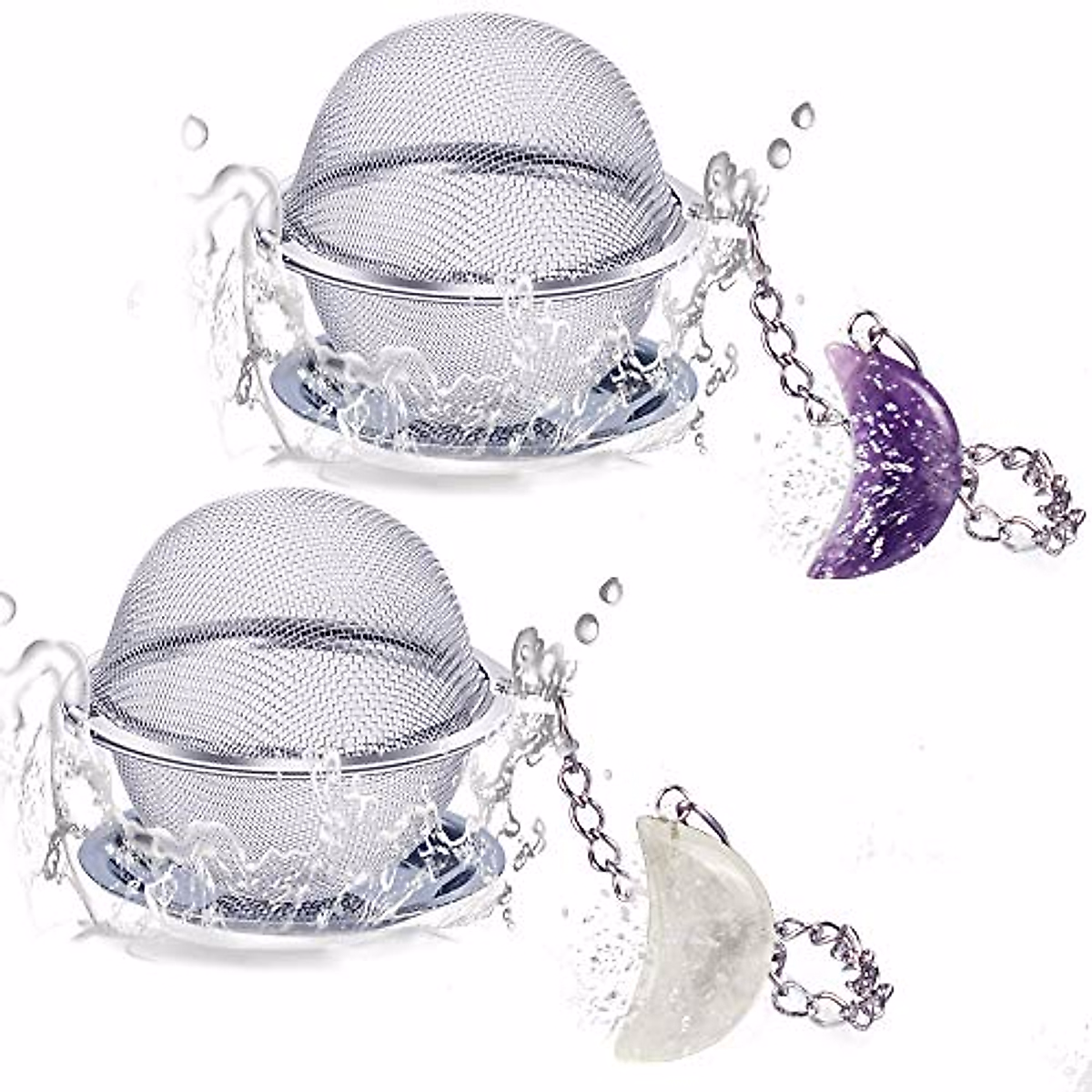2pcs Tea Infuser, Scdom Stainless Steel Ball Mesh Tea Strainer, Amethyst & White Crystal Moon Pendant Tea Ball Tea Filter with Extended Chain Hook for Brew Fine Loose Tea and Spices & Seasonings