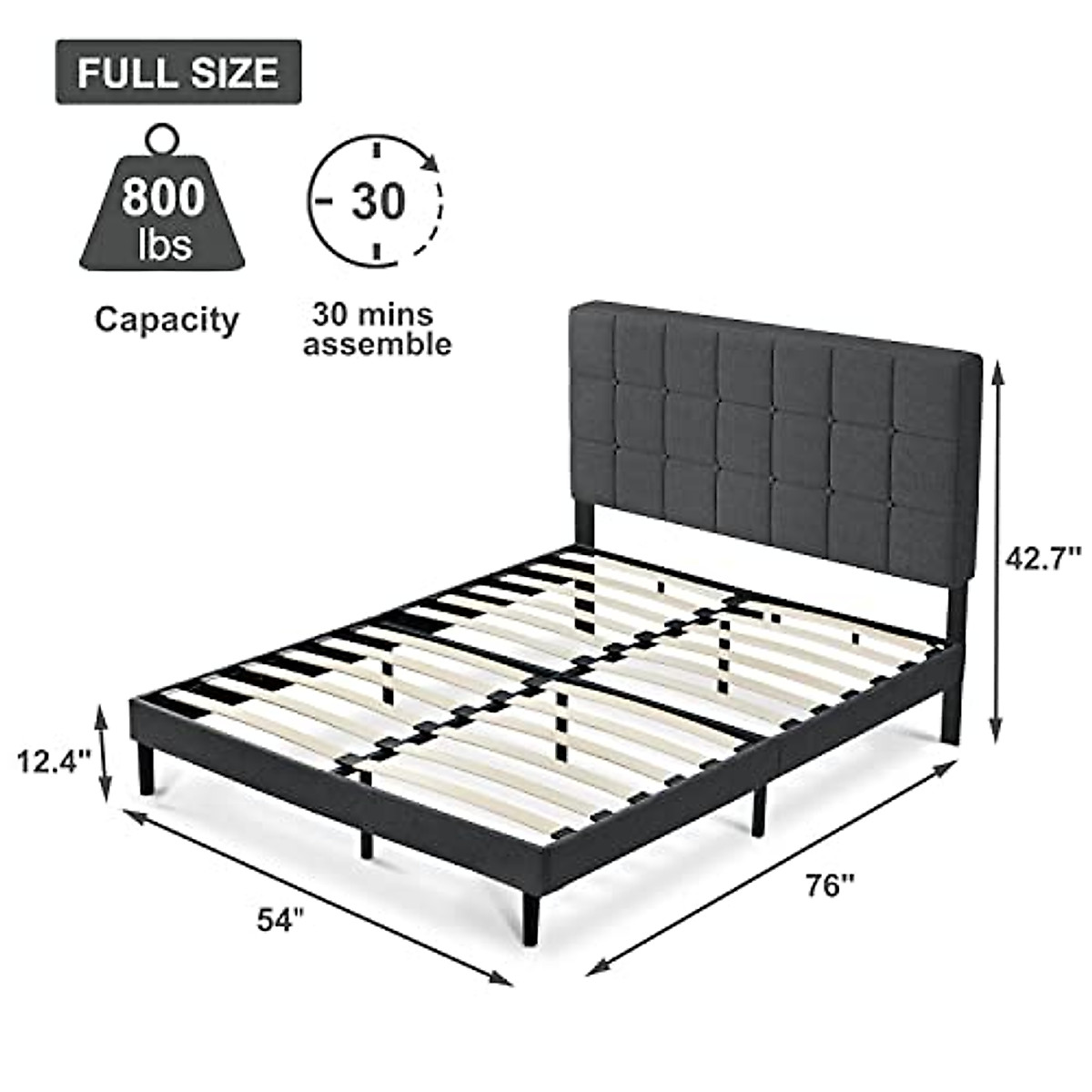 Molblly Full Size Bed Frame with Upholstered Headboard, Platform Bed Frame with Sturdy Wood Slat, Linen Fabric Wrap, Non-Slip and Noise-Free,No Box Spring Needed, Easy Assembly, Grey