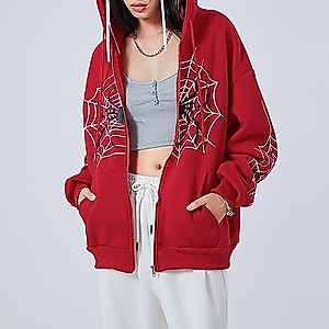 Axupico Women Y2k Zip Up Hoodie Long Sleeve Spider Web Thick Hoodies With Pockets Vintage Harajuku Clothing (Red, S)