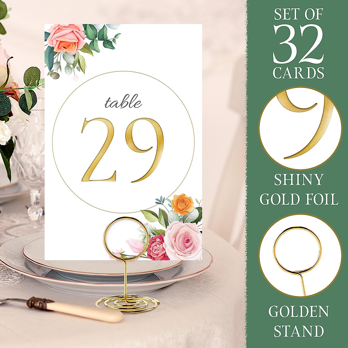 Table, Numbers, Cards 1-30 and Mini Table Numbers, Holders, Table, Numbers, Card for Wedding, Anniversary, Birthday, Party Table, Numbers, Cards Floral, Size 4'x6' Plus Head Table Card and Gift