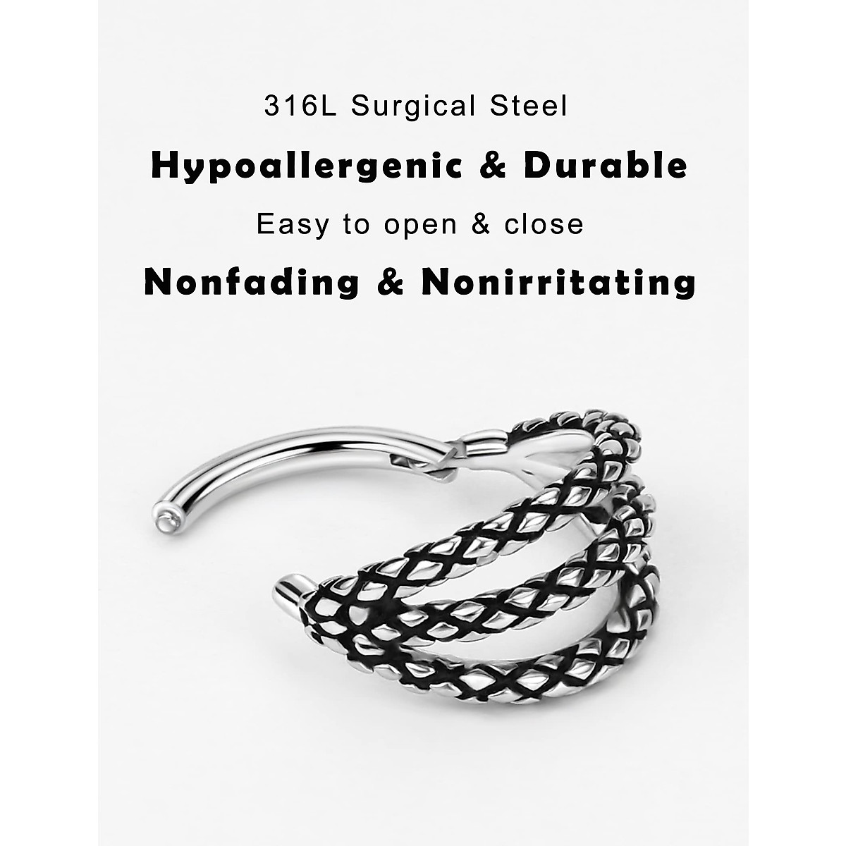 16G 8mm Silver Nose Rings Lip Septum Clicker Triple Open Stack Conch Daith Piercing Jewelry Snake Skin Cartilage Earring Hoop 316L Surgical Steel Conch Daith Helix Rook Lobe Earring Black Hoop Earring