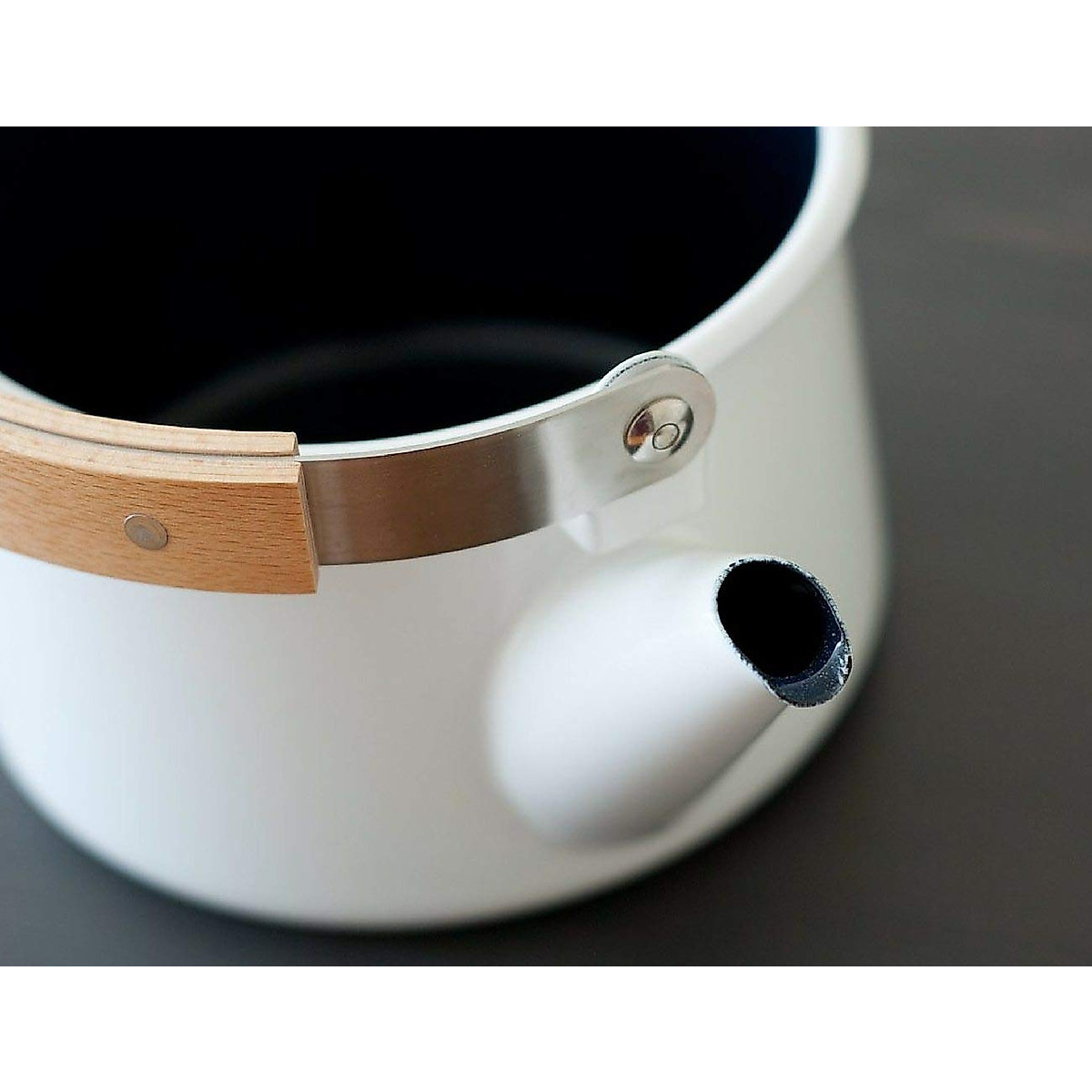 Kaico Kettle 1.45L(49oz) By Makoto Koizumi Spotless Enamel-Coated Steel Stunning Beech Wood Handle Maple Knob Clean Minimalist Design Brightening Kitchen