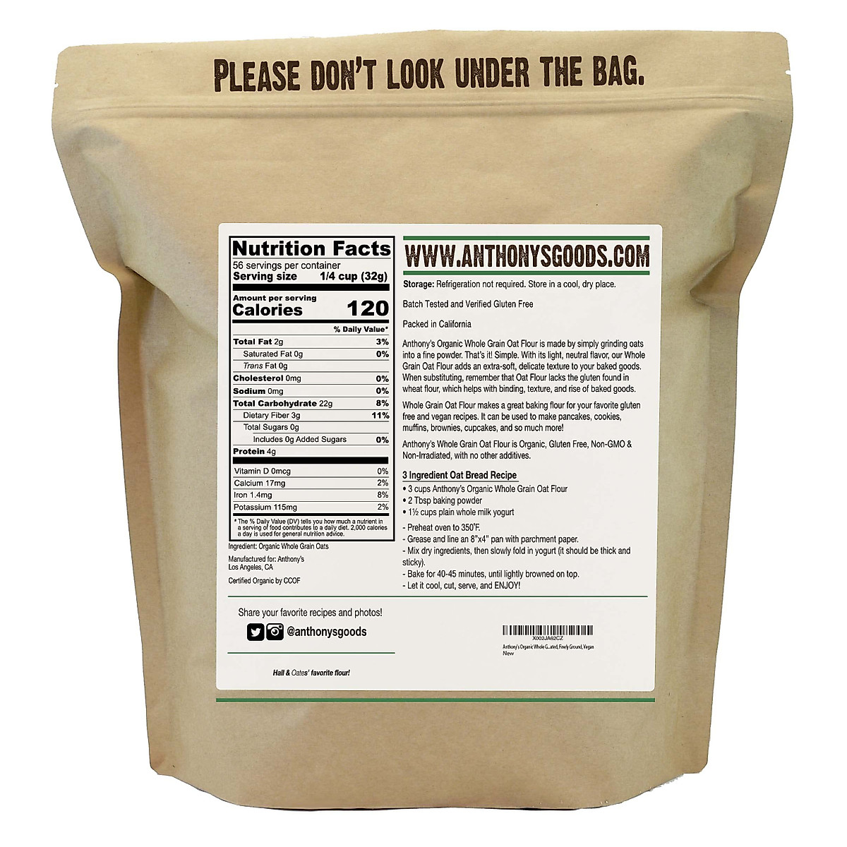 Anthony's Organic Whole Grain Oat Flour, 4 lb, Gluten Free, Non GMO, Non Irradiated, Finely Ground, Vegan