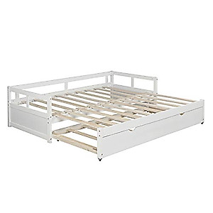 Merax Wooden Daybed Extendable Bed with Trundle, Sofa Bed for Bedroom Living Room, Can be Expanded from Twin Size to King Size (White)