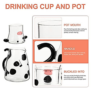 1 Set Glass Carafe Pitcher with Glass Mug Cute Cow Glass Tea Pitcher Kettle Milk Jug Night Water Carafe for Midnight Drink Home Office Hotel 550ml