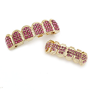 18K Gold Plated Iced Out CZ with Red Blue Pink Diamond Top and Bottom Grills for Your Teeth Men Women Hip Hop Jewelry