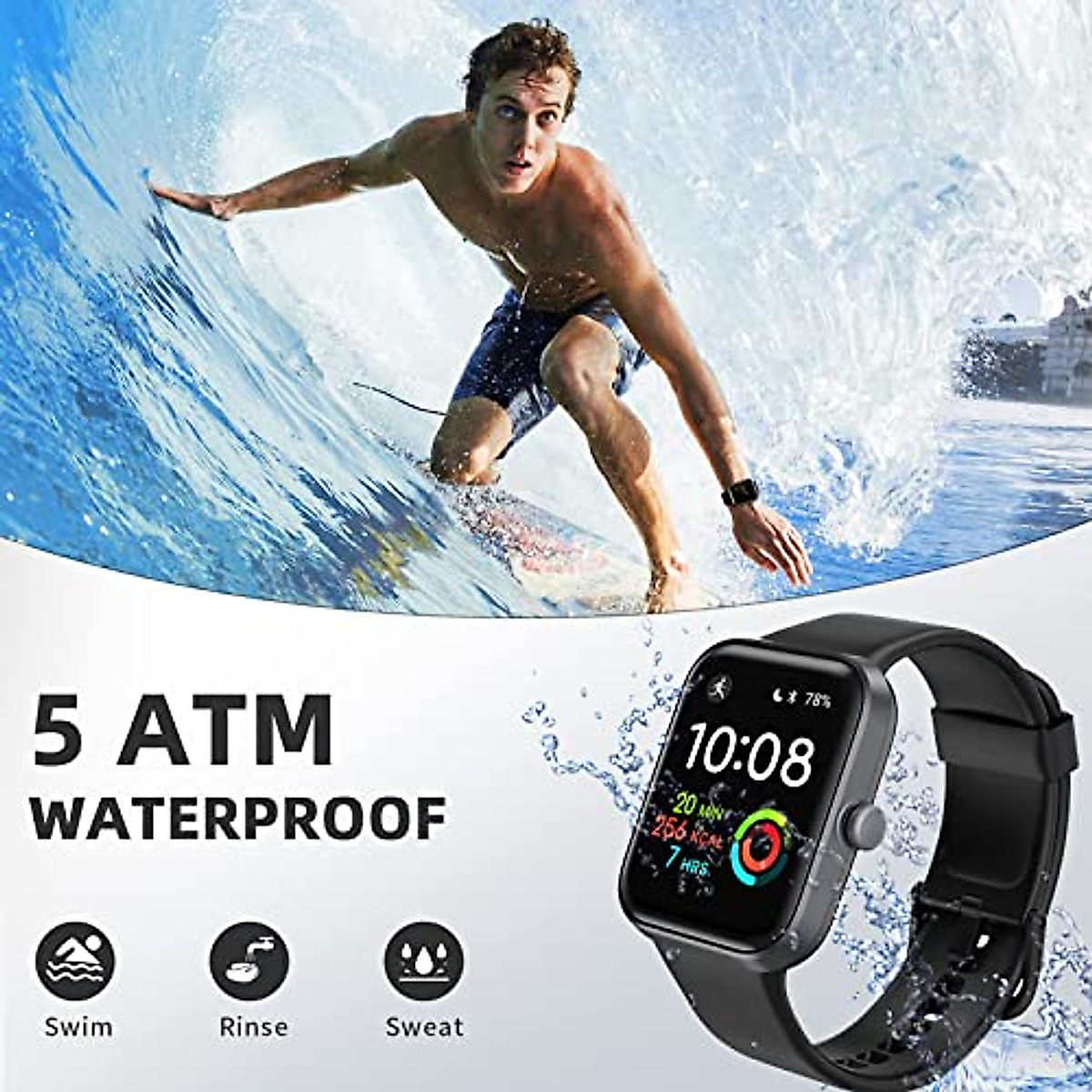 RIVERSONG Smart Watch, Smart Watches Compatible with iPhone Android for Men Women, 5ATM Waterproof Smartwatch Fitness Tracker with Heart Rate Blood Oxygen Sleep Monitor, Motive 3S