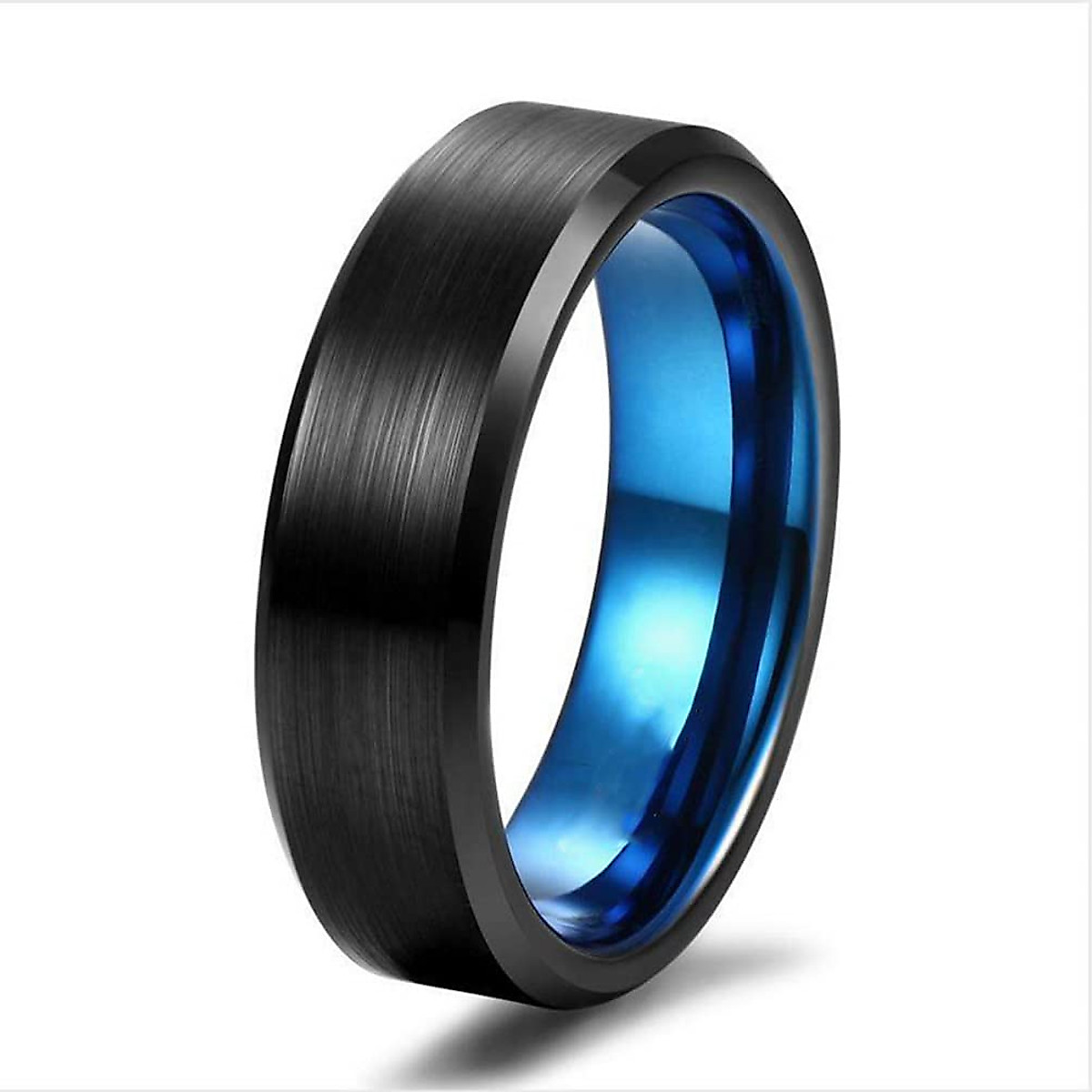 MZZJ His Hers Pinky Promise Pinky Swear Couple Matching Ring 6MM+4MM 2 Tone Brushed Matte Black Tungsten Blue Inside Bevel Edge Wedding Band Promise Engagement Rings for Him Her