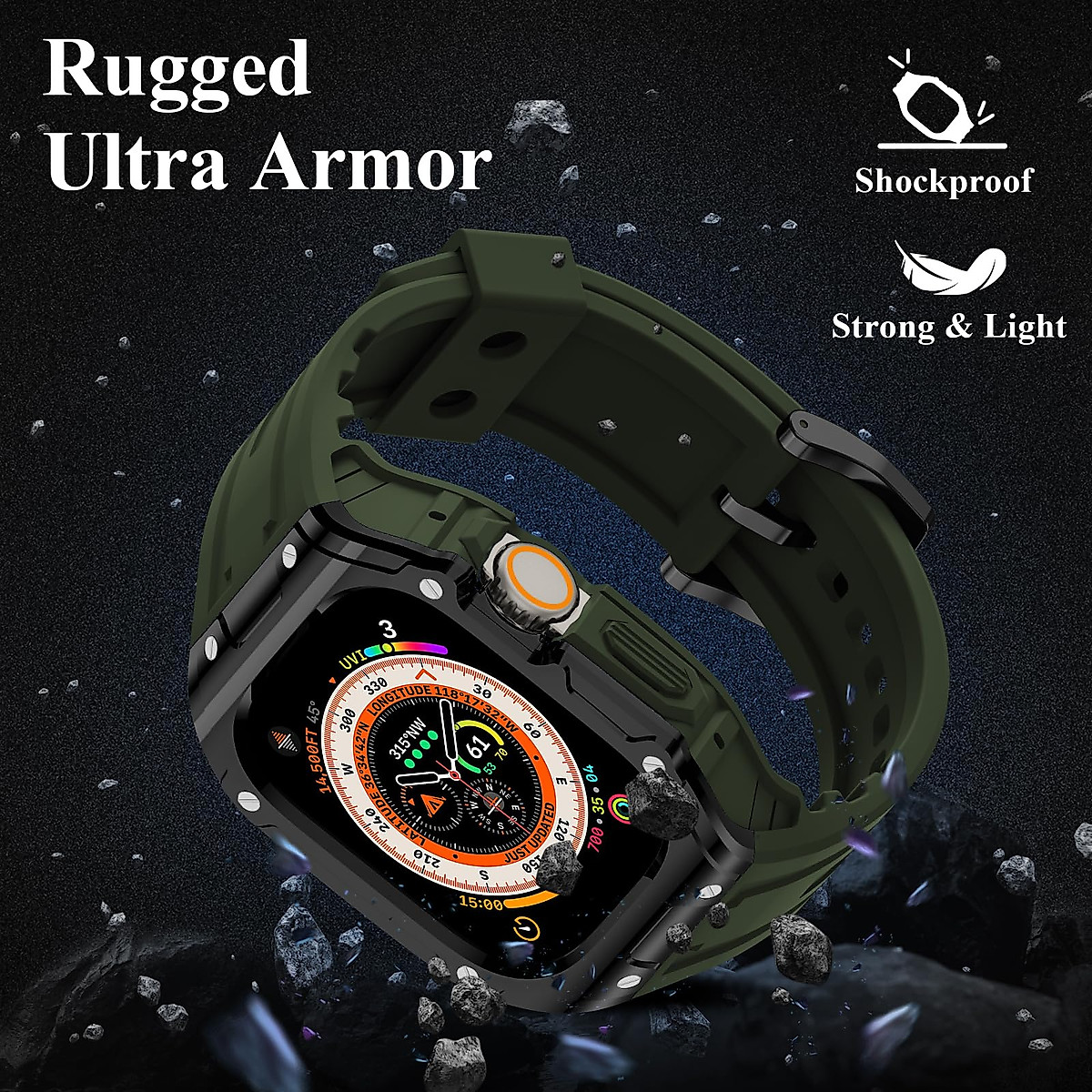 Bandiction Luxury Rugged Band with Case for Apple Watch Ultra 49mm, Protective Cover with Soft Silicone Replacement Strap