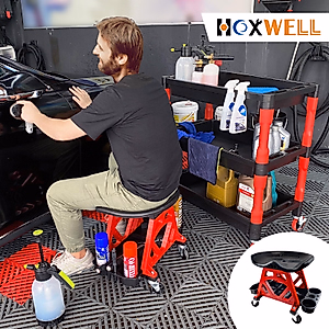 HOXWELL Durable Mechanic Stool Chair with Wheels, Heavy Duty Garage Shop Stool On Wheels, Rolling Stool Car Detailing Creeper Seat with Tool Tray for Workshop, Auto Repair Shop and Home