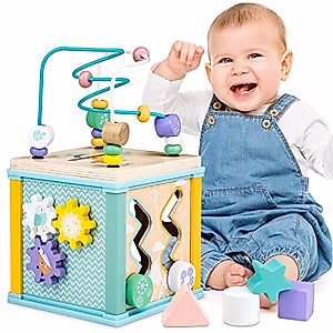 Wooden Activity Cube Montessori Toys for 18M+ Toddlers 1-3 Learning Toys for 1 + Year Old Boys Girls Baby Sensory Interactive Toys Birthday Gift