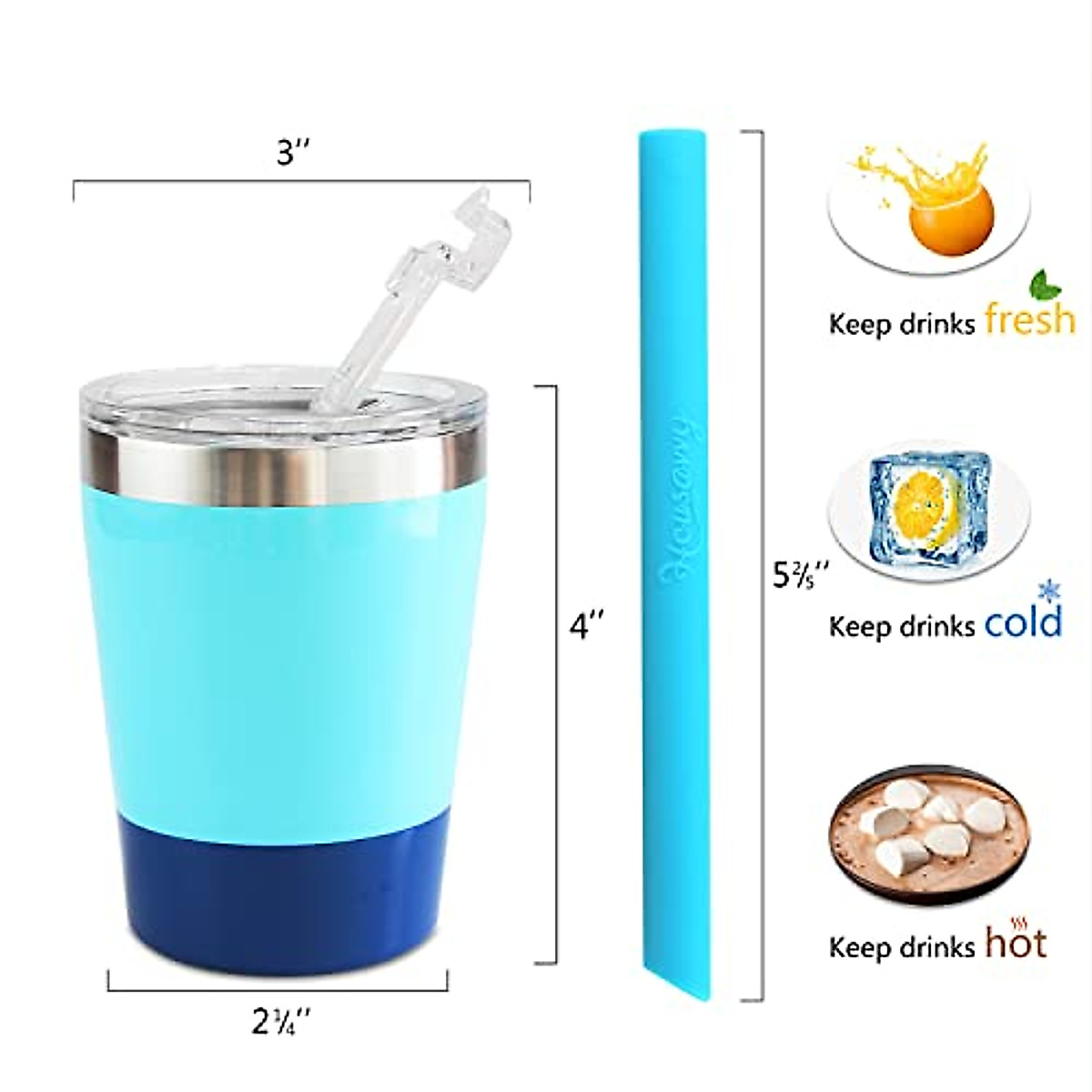 Housavvy Kids Toddler Straw Cups,4 Pack 8 oz,Toddler Smoothie Cups Spill Proof Insulated Kids Stainless Steel Cups Tumbler with Lids Silicone Straws,BPA Free