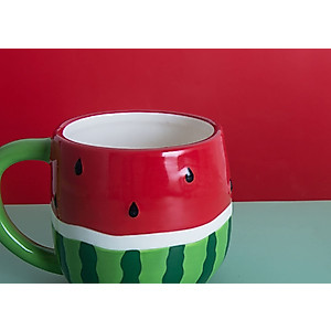 AwakingWaves Hand Painted Ceramic Tea Cups with Funny Watermelon-shaped Designs for Sister/Women/Mom, Novelty Green Travel Mug for Milk, Kawaii Gift Suitable for Dishwasher and Microwave (18 oz)