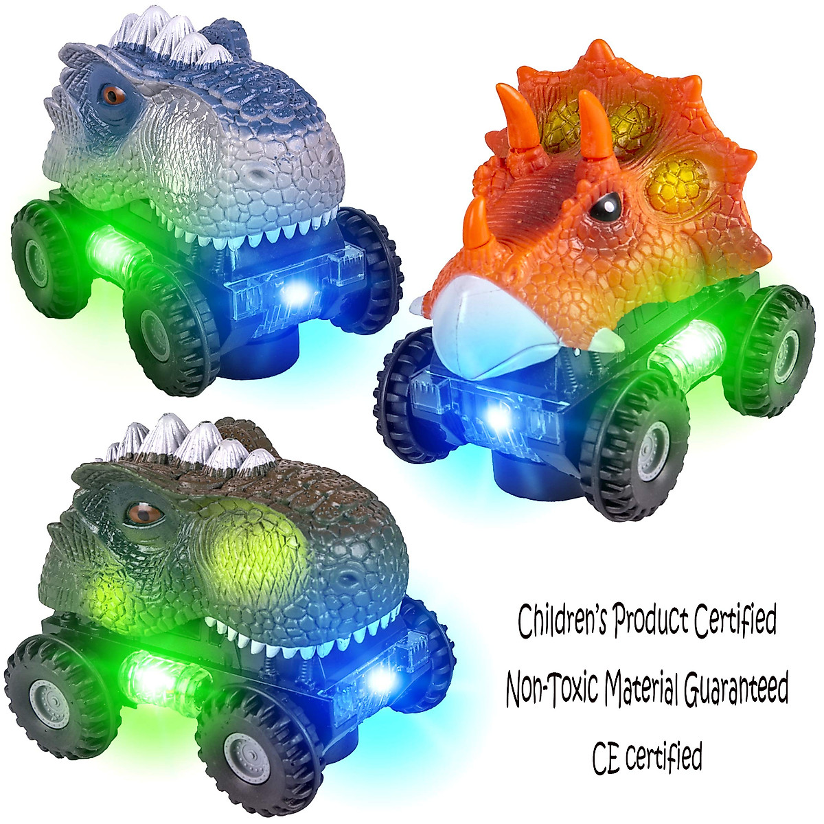 Dinosaur Cars with LED Light & Sound Dino Car Toys Car Gifts Animal Vehicles Monster Truck Playset for Boys Girls Toddles Kids Birthday Gifts Classroom Prize (3 Pack)