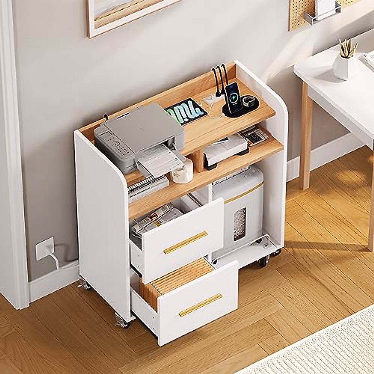 YITAHOME File Cabinet with Charging Station, Printer Table Cabinet for Home Office, Printer Stand Cart, Fits A4, Letter, Legal Size Files, Office Furniture, White