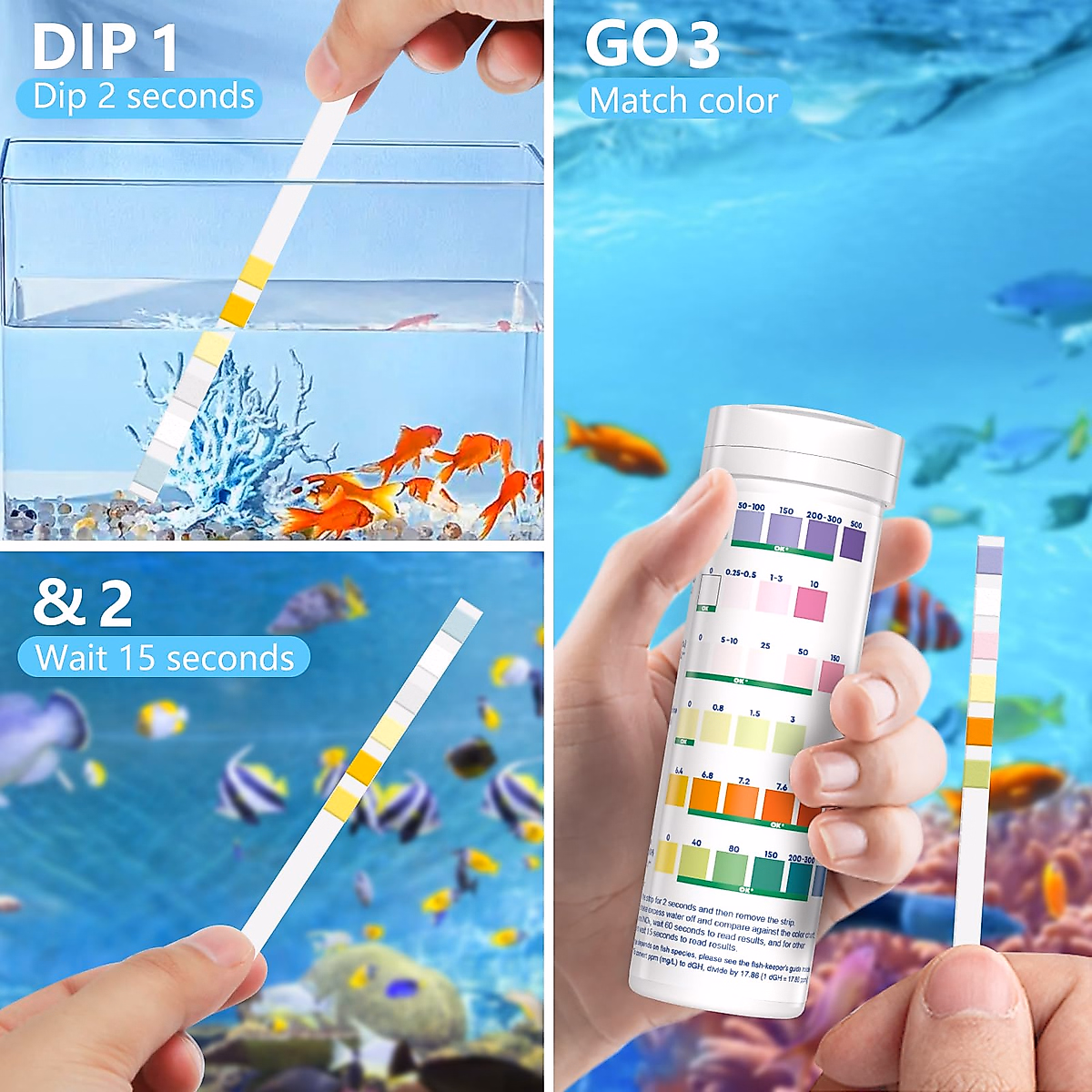 Aquarium Test Strips - Ammonia Test Kit for Aquarium - DIP & GO 6 in 1 Aquarium Water Test Kit for Freshwater, Fish Tank Water Testing Kit, 100 Strips