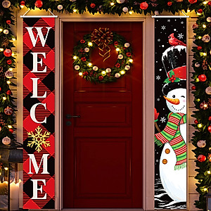 Christmas Porch Signs Snowman Christmas Decorations Supplies Merry Christmas Hanging Flags Welcome Winter Door Banners for Holiday Home Indoor Outdoor Wall Xmas Decor