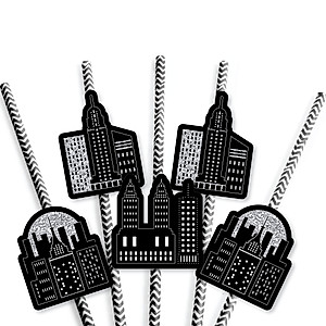 Big Dot of Happiness Nighttime City Skyline - Paper Straw Decor - New York Party Striped Decorative Straws - Set of 24