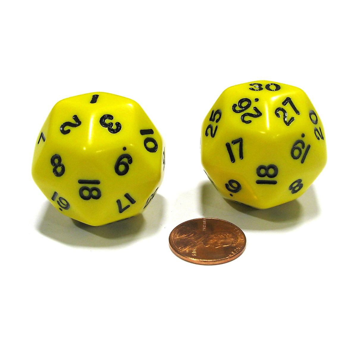 Koplow Games Set of 2 Triantakohedron D30 30 Sided 33mm Jumbo Dice - Yellow w Black Numbers