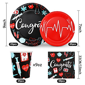 Whaline 125Pcs 2024 Nurse Graduation Party Decorations Doctor Nurse Party Tableware Set Congrats Grad Disposable Dinnerware Set 50Pcs Paper Plates 50Pcs Napkin 25Pcs Cups for Graduation Party Supplies