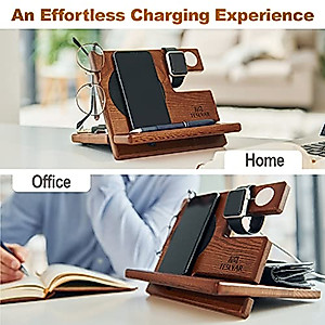 TESLYAR Wood Phone Docking Station Ash Key Holder Wallet Stand Watch Organizer Men Husband Wireless Charging Pad Slim Birthday Nightstand Purse Tablet Watch Compatible with Qi Devices