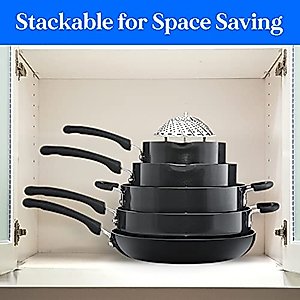 NutriChef Kitchenware Cookware, Non-Stick Pans and Pots with foldable Knob, Space Saving, Stackable, Nylon Tools, Induction Base, Black (17-Piece Set), One Size