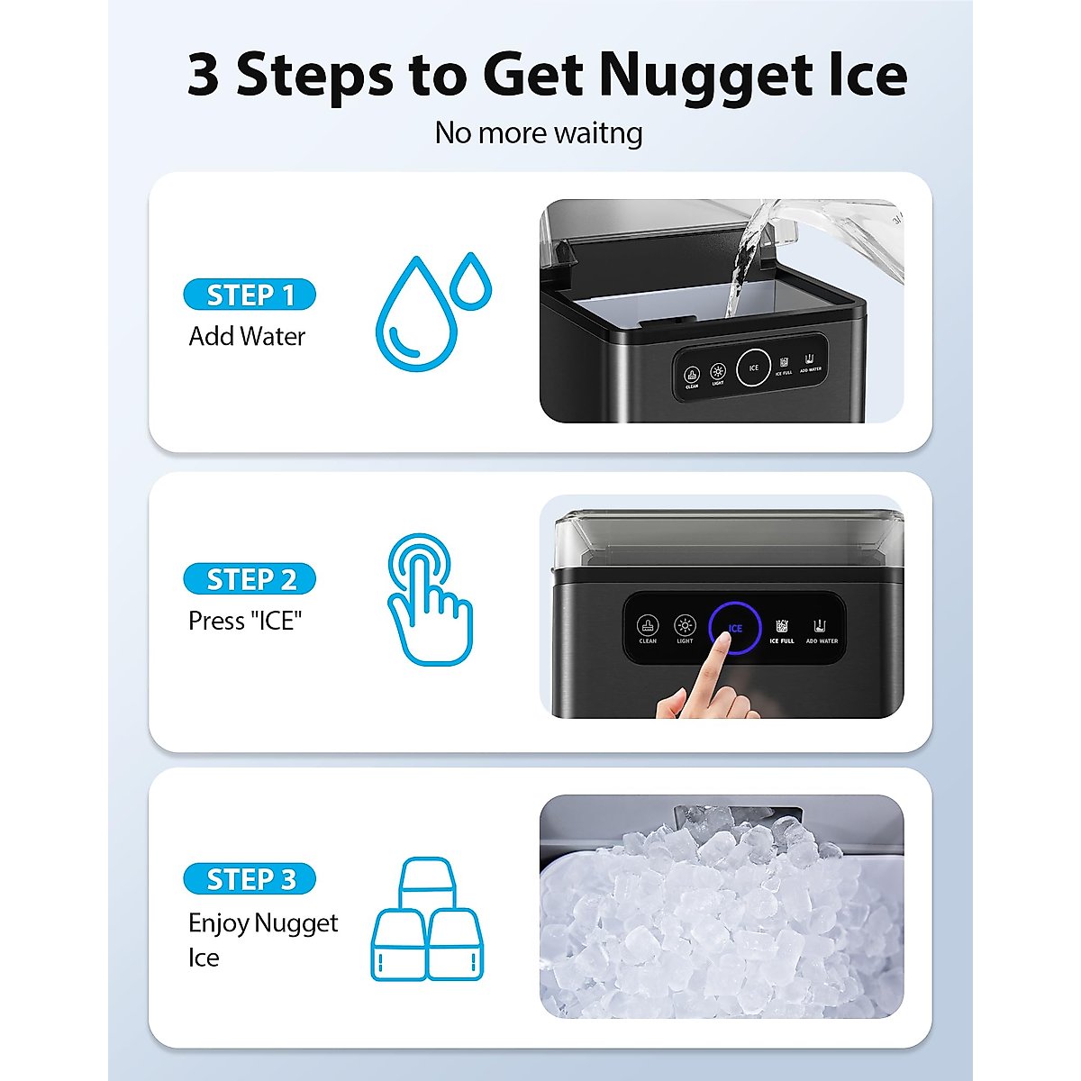 Aeitto Nugget Ice Maker 40Lbs/24H, Countertop Soft Chewable Ice Pebble Ice Machine, One-Click Operation, Auto Self-Cleaning Ice Makers with Scoop&Basket for Home, Office, Kitchen, Party (Black)