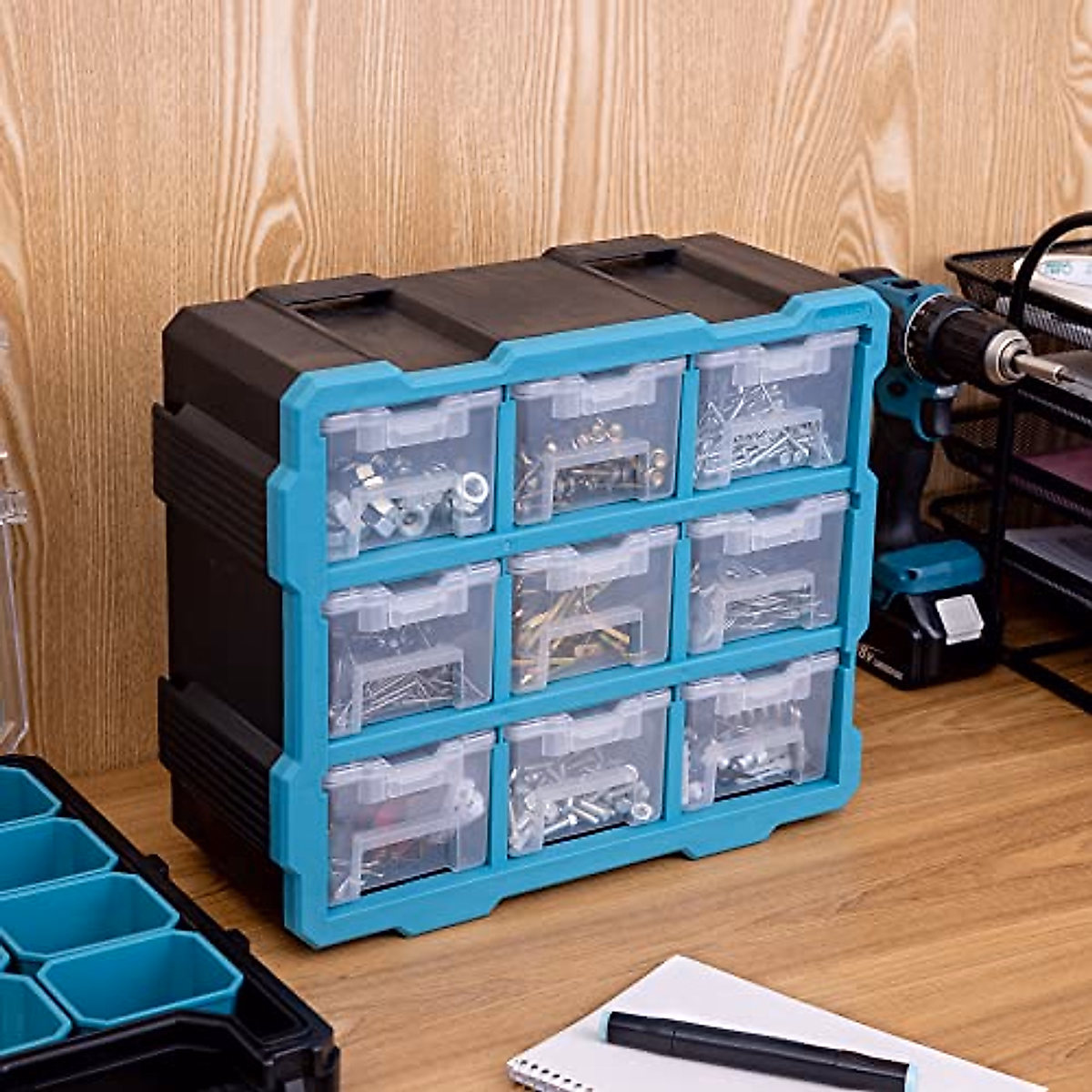 Navaris Modular Storage Organizer Drawers - Plastic Drawer Box Compartment Set for Screws Nails Small Tool Parts - Garage Shed Storage Bins - 9 Closed