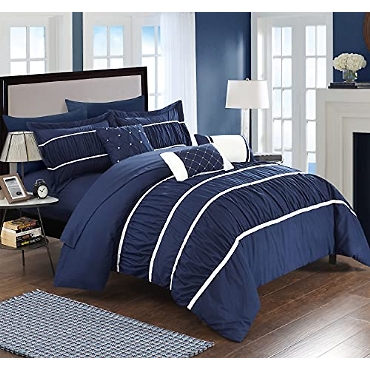 Chic Home Cheryl Comforter Complete Bag Pleated Ruched Ruffled Bedding with Sheet Set and Decorative Pillows Shams Included, Queen, Navy