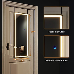 NeuType Full Length Mirror with Lights, 47"x16" LED Full Length Mirror, Over The Door Lighted Mirror with 2 Hangers, Dimmable Brightness & 3 Color, Wall Mirror for Bedroom, No Battery Required, White