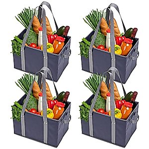 BAG-THAT! 4pk Reusable Grocery Bags Shopping Bags Tote Box Large Heavy Duty Groceries Bag Handles Foldable Reinforced Bottom (Navy Blue/Gray)