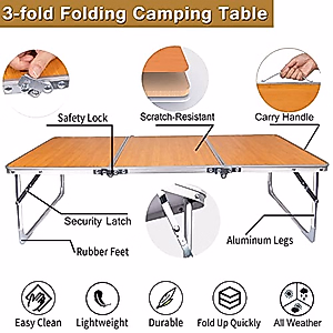 PLANEXPERT Folding Camping Table,3 Feet Portable Outdoor Table with Aluminum Legs,3 Fold Lightweight Beach Table with Handle,Camping Accessories for Home Picnic BBQ Garden Cooking