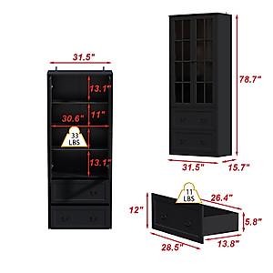 Homsee 78.7" H Bookcase Bookshelf with 4-Tier Shelves, 2 Drawers & 2 Glass Doors, Modern Display Storage Cabinet for Home Office, Living Room, Black