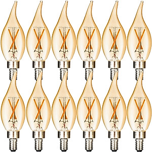 CHKADAWA 12 Pack E12 Dimmable Amber Candelabra Light Bulbs, Flame Tip 40 Watts Equivalent, Chandelier Light Bulbs CA11, Vintage Candle LED Bulb, Warm White 2200K, CRI 90+