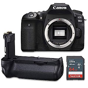 Canon EOS 90D Wi-Fi 4K UHD Digital SLR Camera Body Kit with Power Battery Grip & 64GB Memory Card (Renewed)