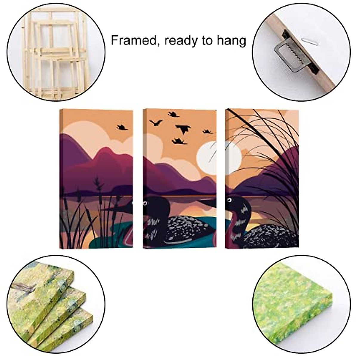 3 Panels Loon Bird Canvas Print Painting Modern Canvas Wall Art Oil Painting for Wall Decor and Home Decoration Artwork Framed Ready to Hang