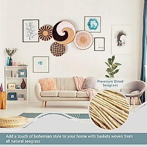 Hanging Woven Wall Basket Boho Decor Set, 4 Unique Handmade Seagrass Rattan Round Baskets Wall Decoration for Home Living Room Bedroom Rustic Coastal Farmhouse - Ready to Hang with Nails Included