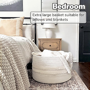 CherryNow Large White Woven Storage Basket, Boho Decorative Basket for Home Decor, Towel basket for Bathroom, Bedroom, Living room, Baby Nursery Basket for Clothes, Toys, Blankets, 22 x 14 inches