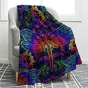 Jekeno Dragonfly Floral Blanket Gifts for Women Kids Girls Mom Bedroom Living Room Birthday Mothers' Day Decor Soft Comfortable Warm Throw Blankets Colorful 50"x60"