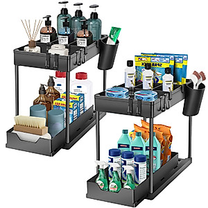2 Tier Under Sink Organizers and Storage, 2 Pack Taller Sturdy Under Cabinet Organizer with Sliding Out Drawers Basket, Hooks, Cups, Bathroom Under Sink Cabinet Organizer Kitchen Organizer and Storage