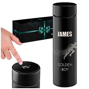Maverton Travel Mug with engraving for man - 15,2 fl oz flask for him - Removable tea infuser - Lightweight design - LED Display - For Birthday - Personalized gadget for traveler - gold